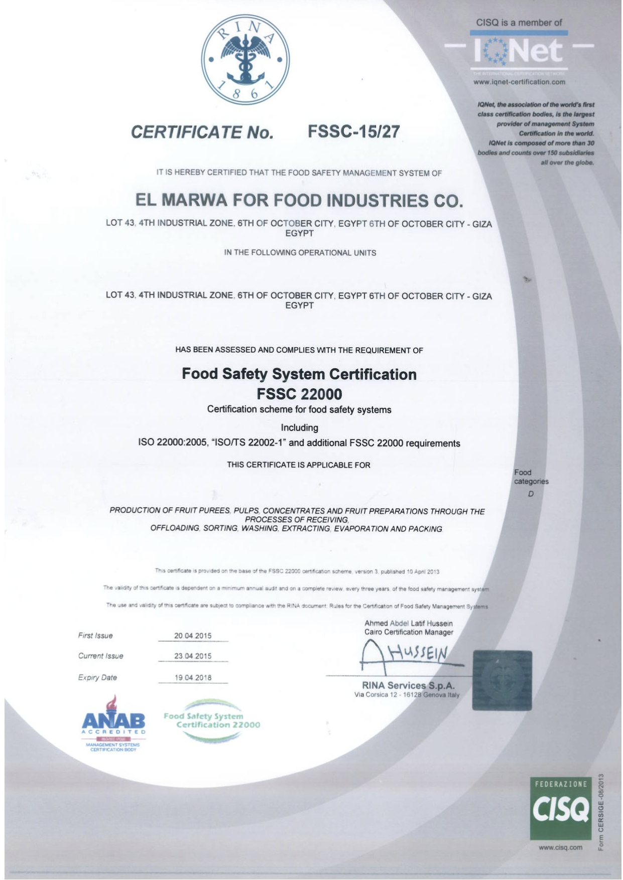 EL-MARWA FSSC 22000 - El Marwa